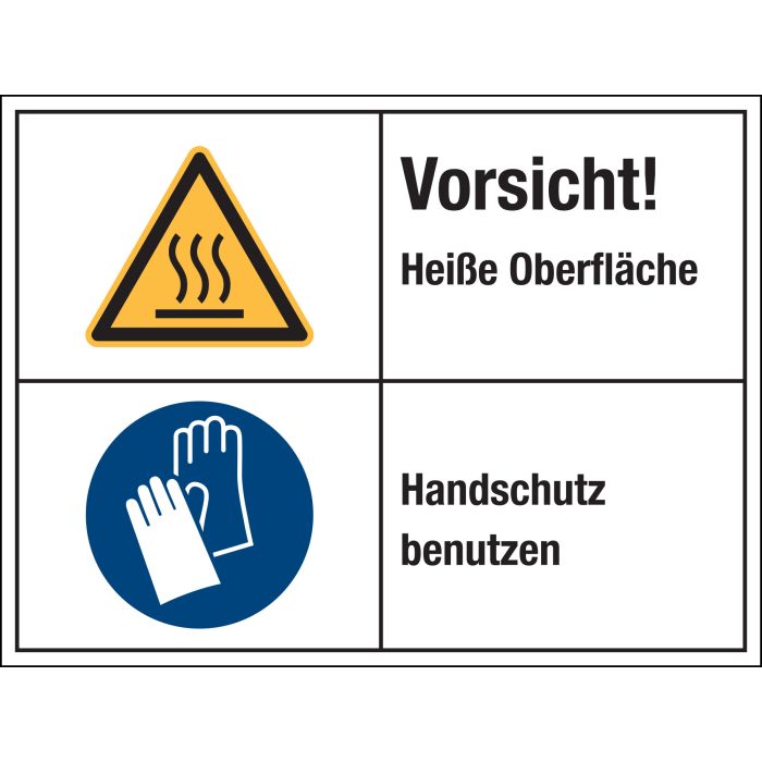 Warnzeichen Kombischild "Vorsicht! Heiße Oberfläche, Handschutz benutzen" [W017 / M008], Folie ...